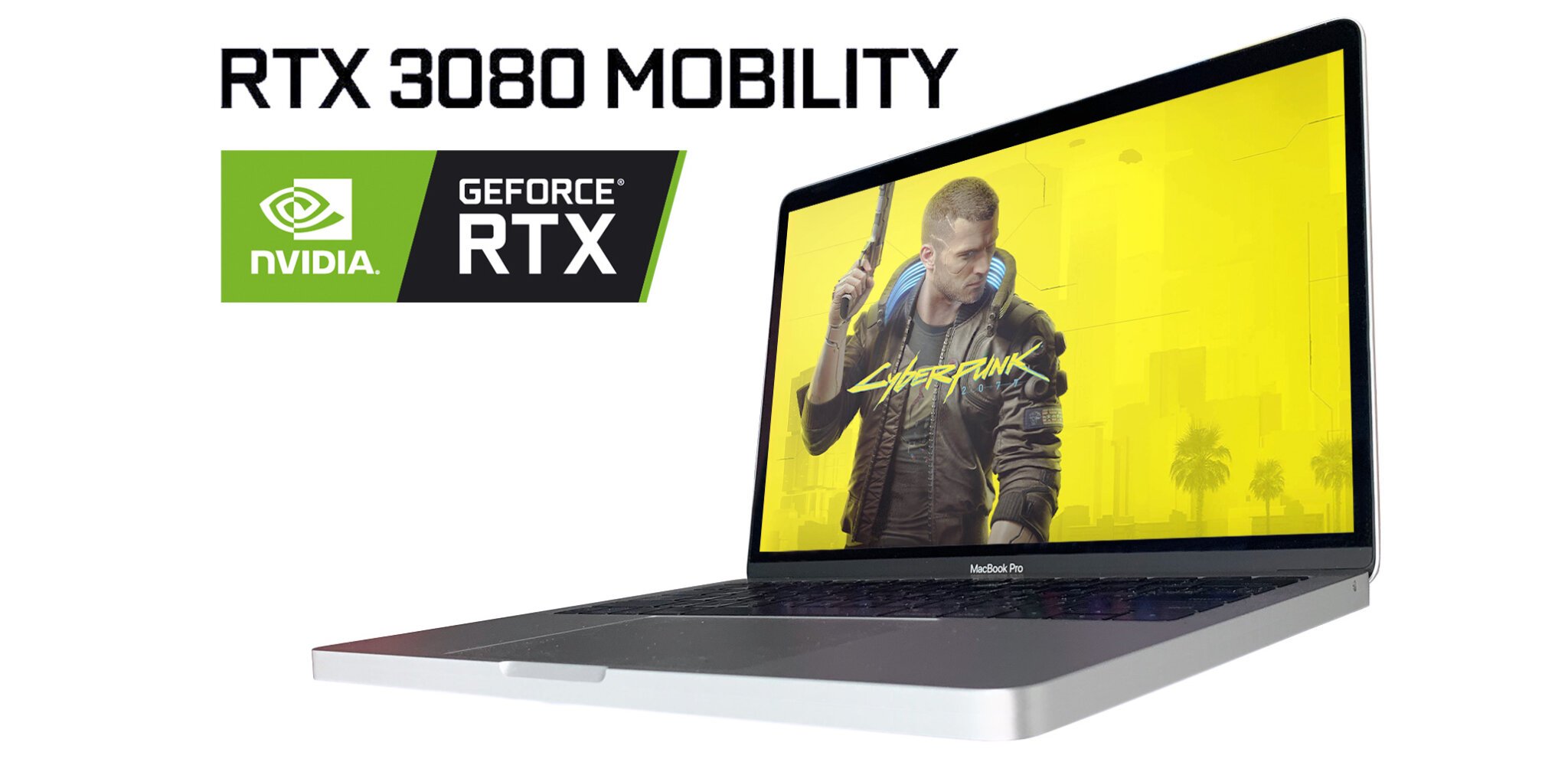 Cyberpunk 2077 on Apple gaming laptop with GeForce RTX 3080 in 2021.